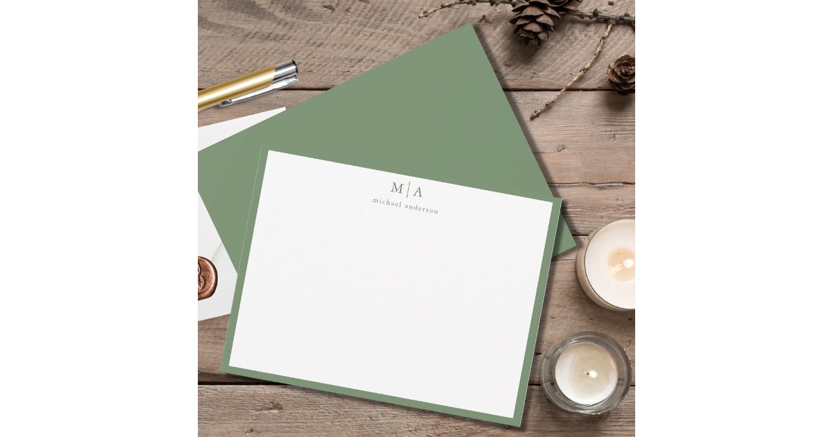 Sage Green Classic Border Monogram Correspondence Note Card | Zazzle