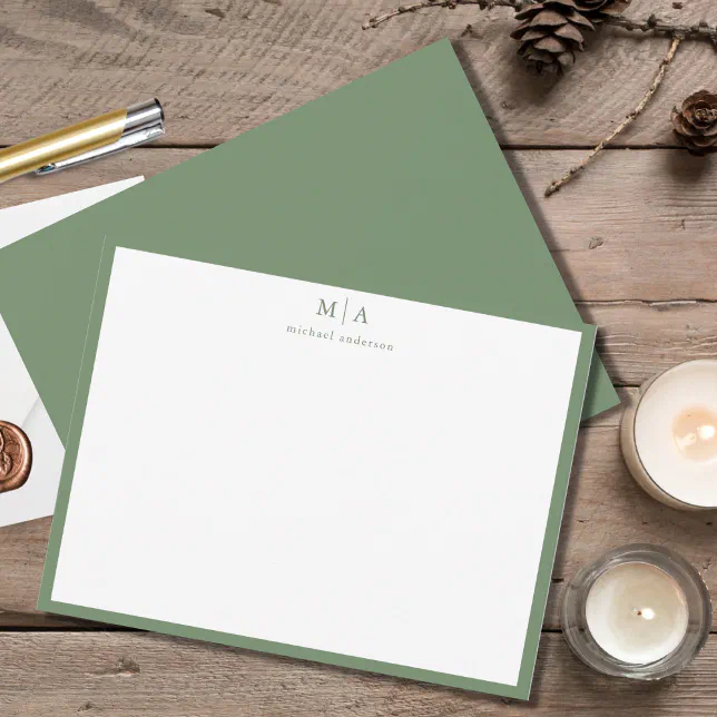 Sage Green Classic Border Monogram Correspondence Note Card | Zazzle