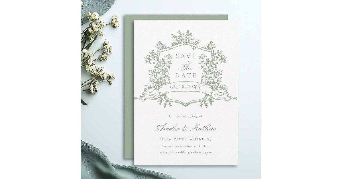 Sage Green Classic Floral Crest Wedding Save The Date | Zazzle