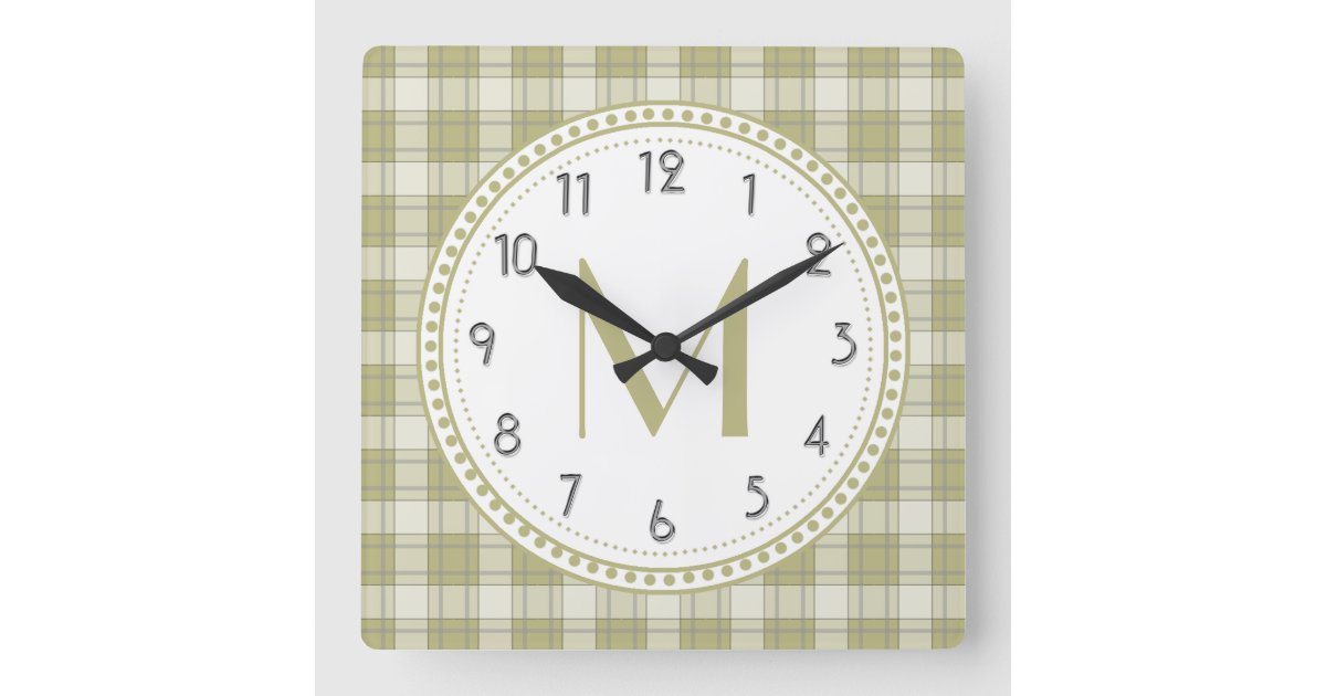 Sage Green Country Plaid Pattern Monogram Square Wall Clock | Zazzle