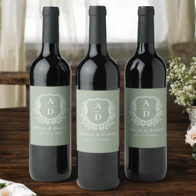 Sage Green Crest Modern Monogram Wedding Wine Label | Zazzle
