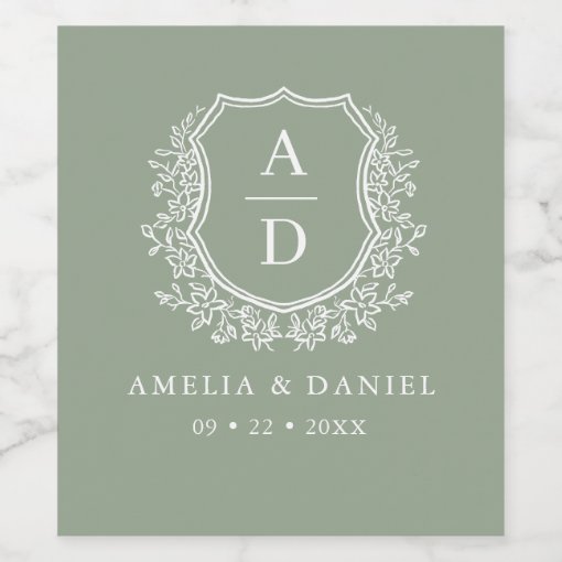 Sage Green Crest Modern Monogram Wedding Wine Label | Zazzle