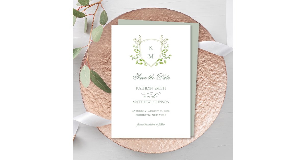 Sage Green Crest Monogram Modern Greenery Wedding Save The Date | Zazzle