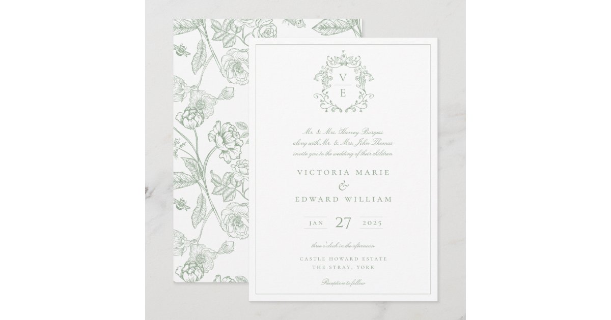 Sage Green Crest Monogram Wedding Invitation | Zazzle