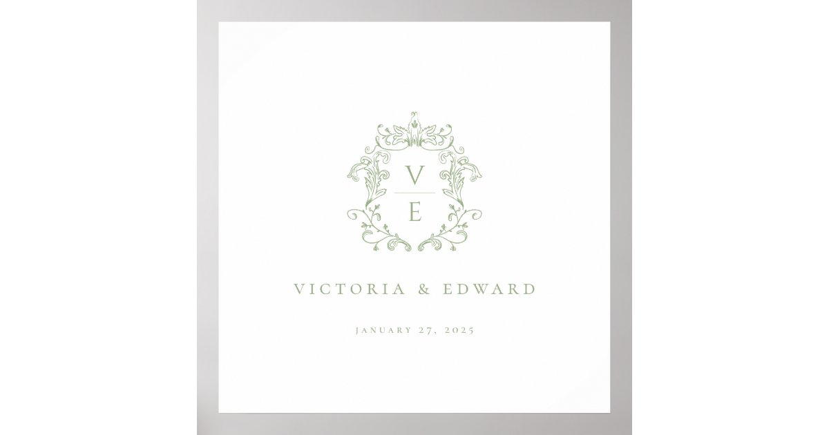 Sage Green Crest Monogram Wedding Poster | Zazzle