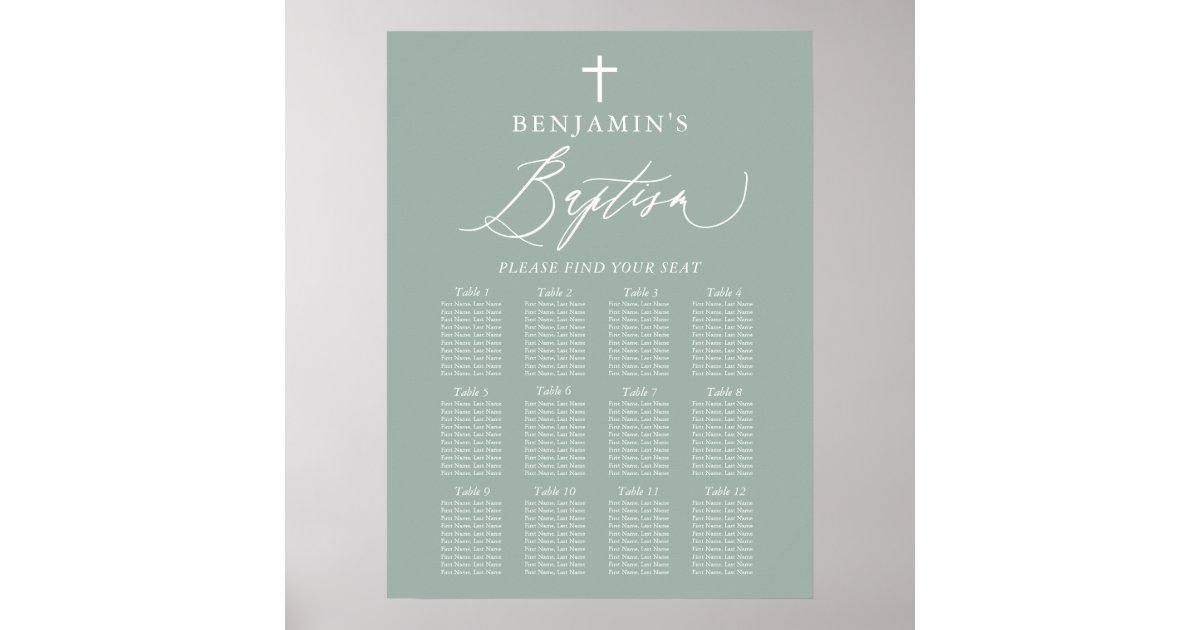 Sage Green Cross Boy Baptism Seating Chart Sign | Zazzle