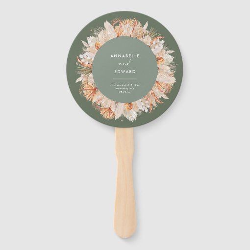 sage green dried botanical script elegant wedding hand fan | Zazzle
