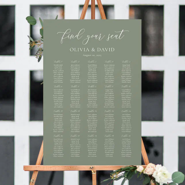 Sage Green Elegant 20 table Seating Chart Foam Board | Zazzle