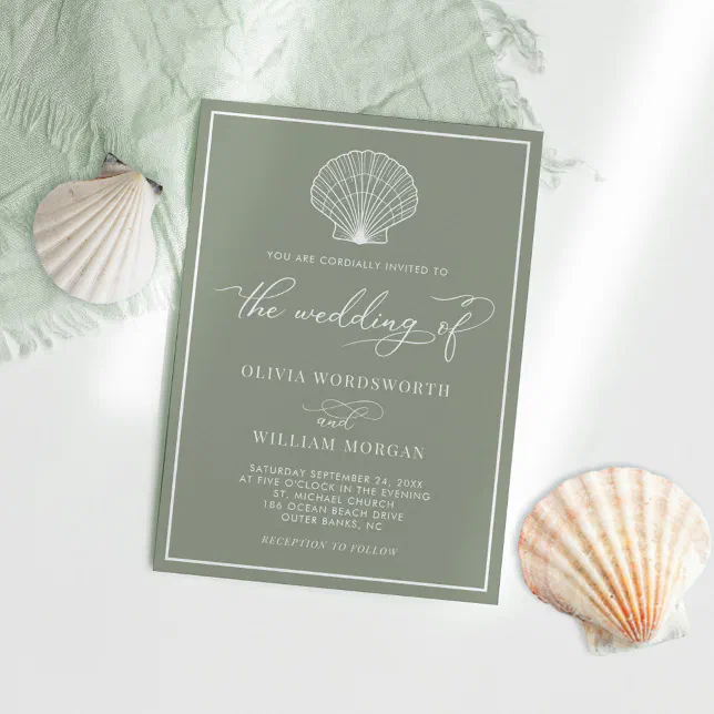 Sage Green Elegant Beach Seashell Wedding Invitation | Zazzle