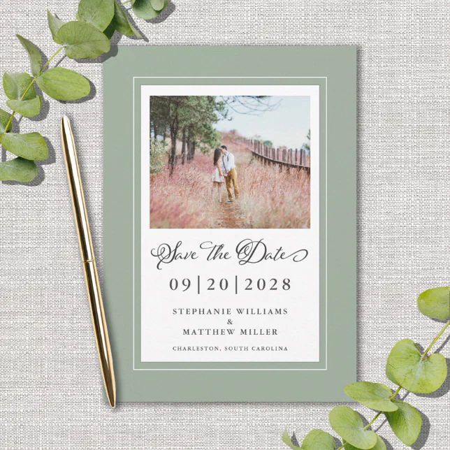 Sage Green Elegant Borders Photo Chic Engagement Save The Date | Zazzle