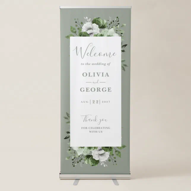 Sage Green Elegant Country Floral Wedding Welcome Retractable Banner ...