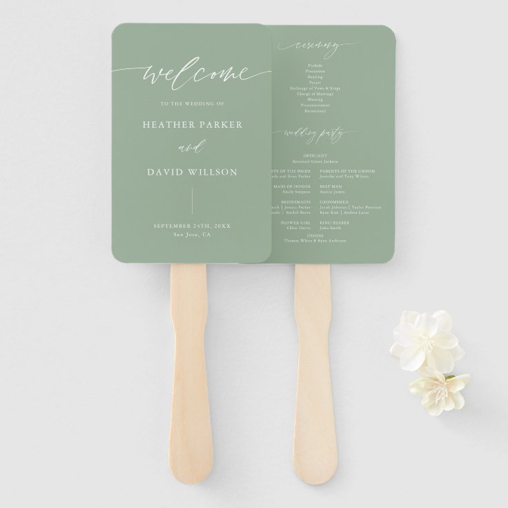 Sage Green Elegant Wedding Ceremony Program Hand Fan | Zazzle