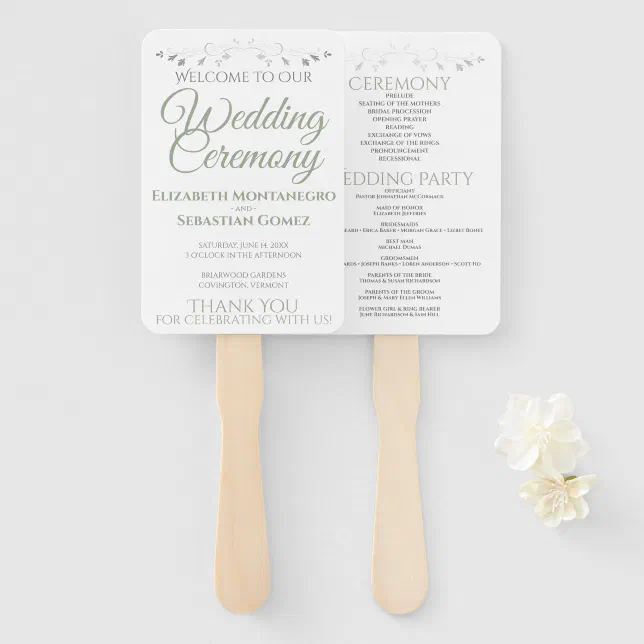 Sage Green Elegant White Wedding Fans with Program | Zazzle