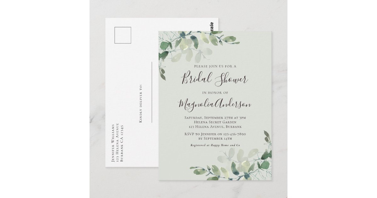 Sage Green Eucalyptus Bridal Shower Invitation Postcard | Zazzle