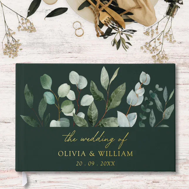 Sage Green Eucalyptus Greenery Wedding Leaves Foil Guest Book | Zazzle