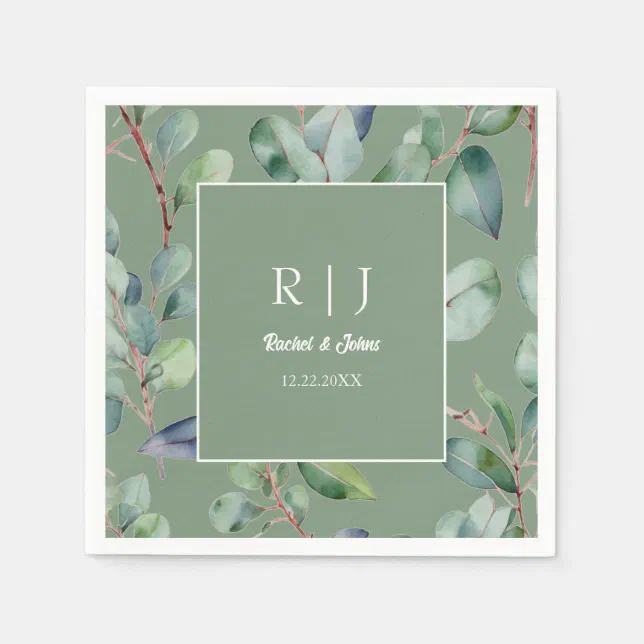 Sage Green Eucalyptus Monogram Greenery Wedding Napkins | Zazzle