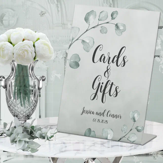 Sage Green Eucalyptus Note Wedding Cards & Gifts Pedestal Sign | Zazzle