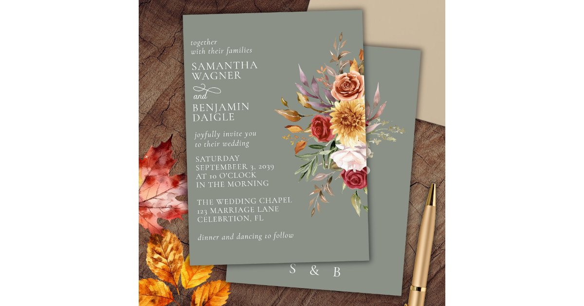 Sage Green Fall Floral Wedding Invitation | Zazzle