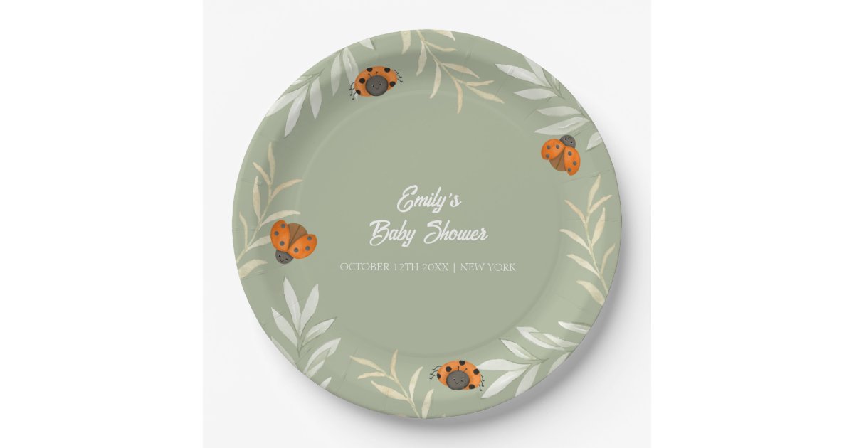 Sage Green Fall Ladybug Greenery Baby Shower Paper Plates | Zazzle