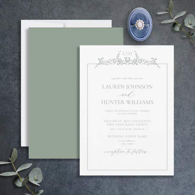 Sage Green Floral Border Monogram Wedding Invitation | Zazzle
