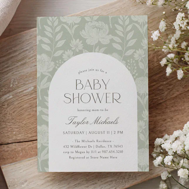 Sage Green Floral Botanical Baby Shower Invitation | Zazzle