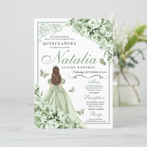 Sage Green Floral Butterflies Quinceanera Invitation | Zazzle
