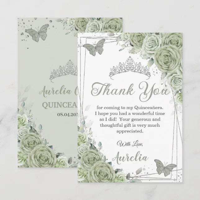 Sage Green Floral Butterflies Quinceañera Sweet 16 Thank You Card | Zazzle