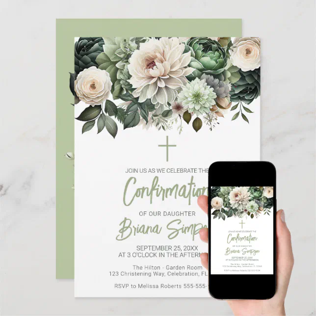 Sage Green Floral Confirmation Invitation | Zazzle