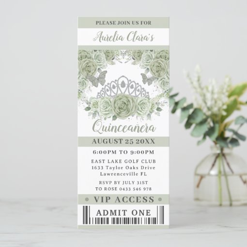 Sage Green Floral Crown Quinceañera VIP Ticket Invitation | Zazzle