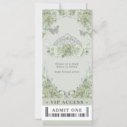 Sage Green Floral Crown Quinceañera VIP Ticket Invitation | Zazzle