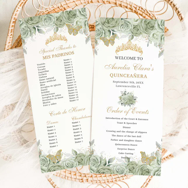 Sage Green Floral Gold Quinceañera Order of Events Program | Zazzle