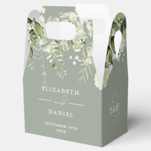 Sage Green Floral Greenery Monogram Wedding Favor Boxes | Zazzle
