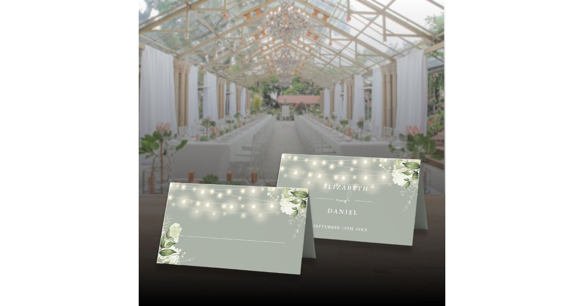 Sage Green Floral Greenery String Lights Wedding Place Card | Zazzle
