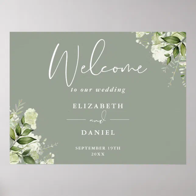 Sage Green Floral Greenery Wedding Welcome Sign | Zazzle