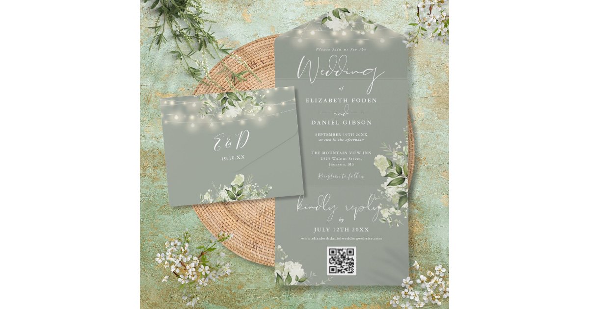 Sage Green Floral String Lights QR Code Wedding All In One Invitation ...