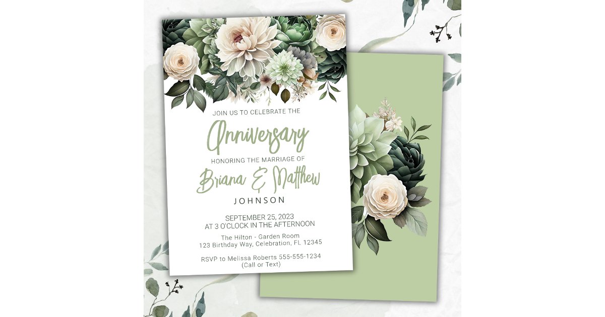 Sage Green Floral Wedding Anniversary Invitation | Zazzle
