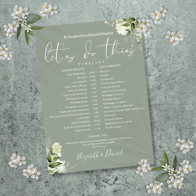Sage Green Floral Wedding Schedule Timeline Program | Zazzle