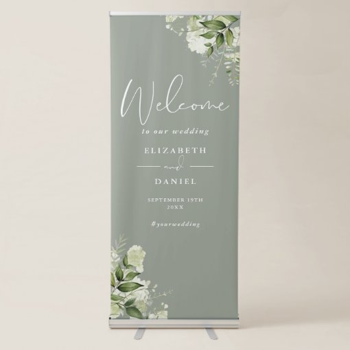 Sage Green Foliage Floral Wedding Welcome Retractable Banner | Zazzle