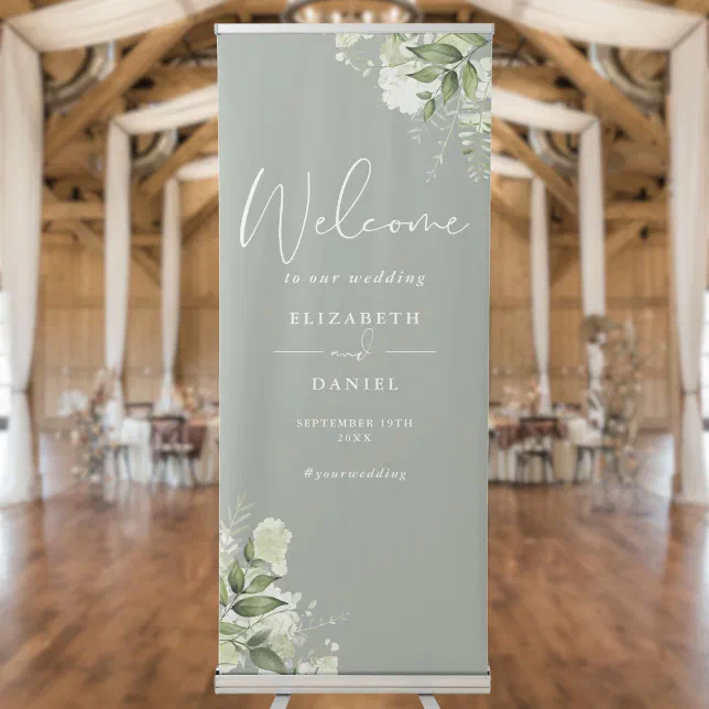 Sage Green Foliage Floral Wedding Welcome Retractable Banner | Zazzle