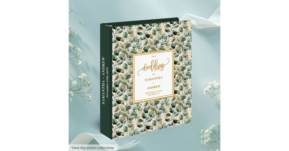 Sage Green Gold Eucalyptus Wedding 3 Ring Binder | Zazzle