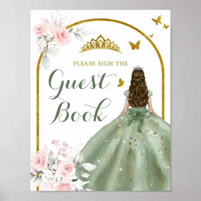 Sage Green Gold Floral Quinceañera Guest Book | Zazzle