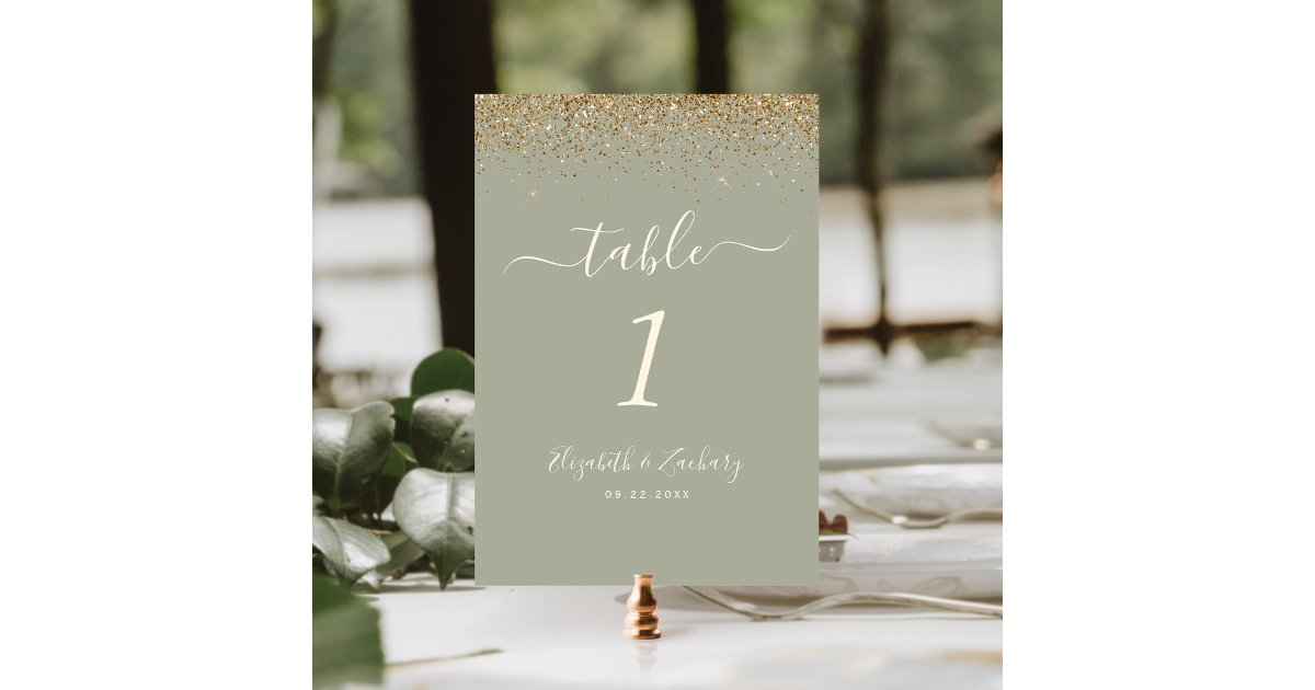 Sage Green Gold Glitter Edge Wedding Table Number | Zazzle