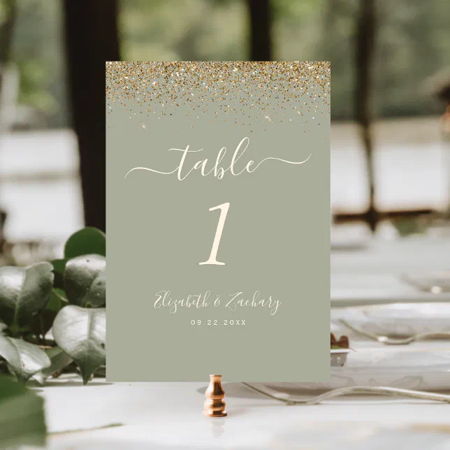 Sage Green Gold Glitter Edge Wedding Table Number | Zazzle