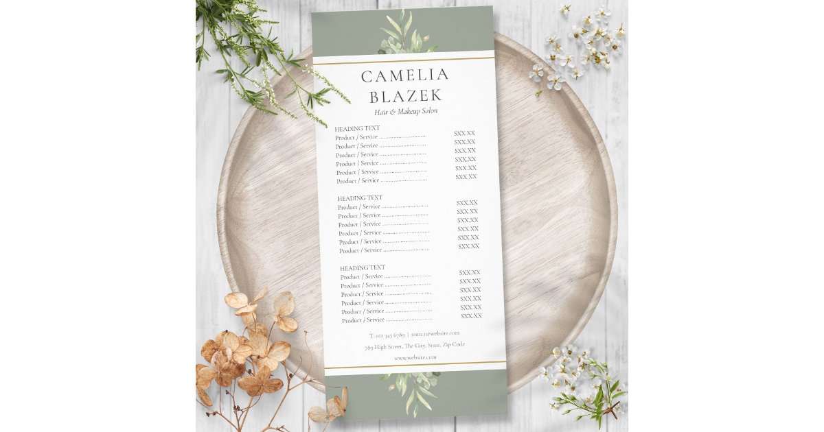 Sage Green Gold Greenery Salon Service Menu | Zazzle