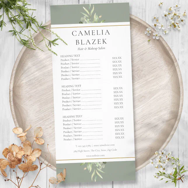 Sage Green Gold Greenery Salon Service Menu | Zazzle