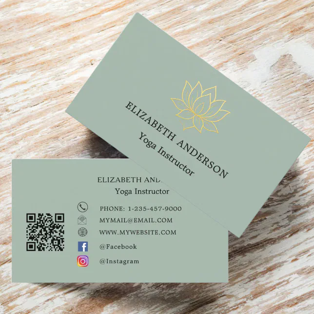Sage green gold lotus flower Yoga Instructor Business Card | Zazzle