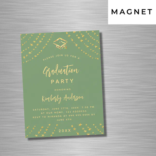 Sage green gold stars graduation party luxury magnetic invitation | Zazzle