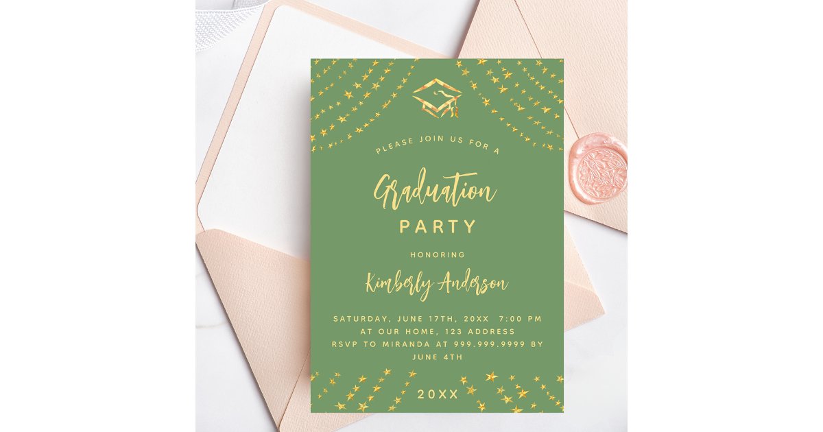 Sage green gold stars graduation party modern year invitation | Zazzle