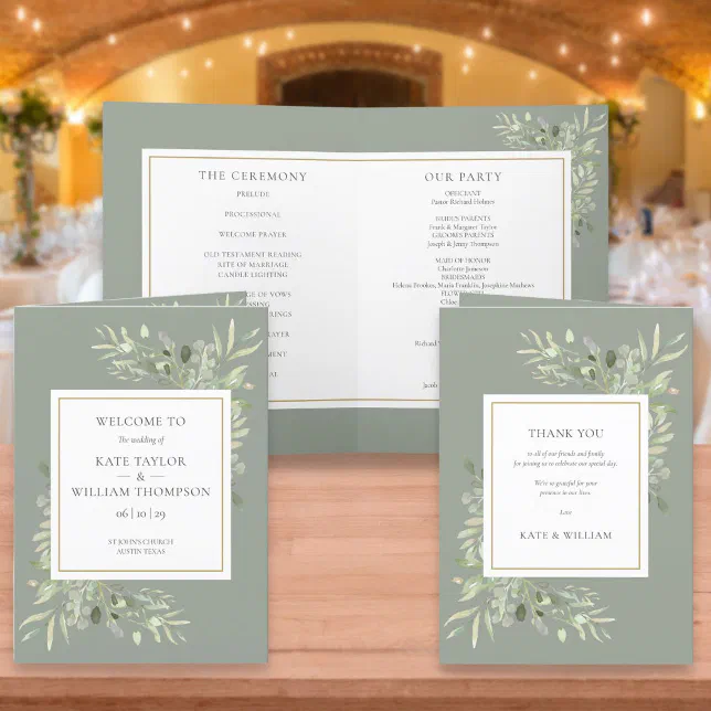 Sage Green Greenery Foliage Wedding Program | Zazzle