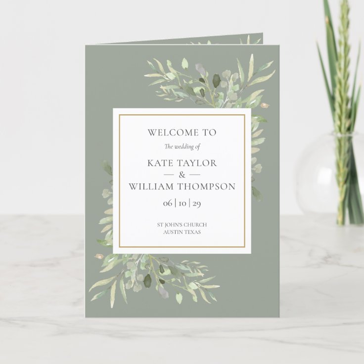 Sage Green Greenery Foliage Wedding Program | Zazzle